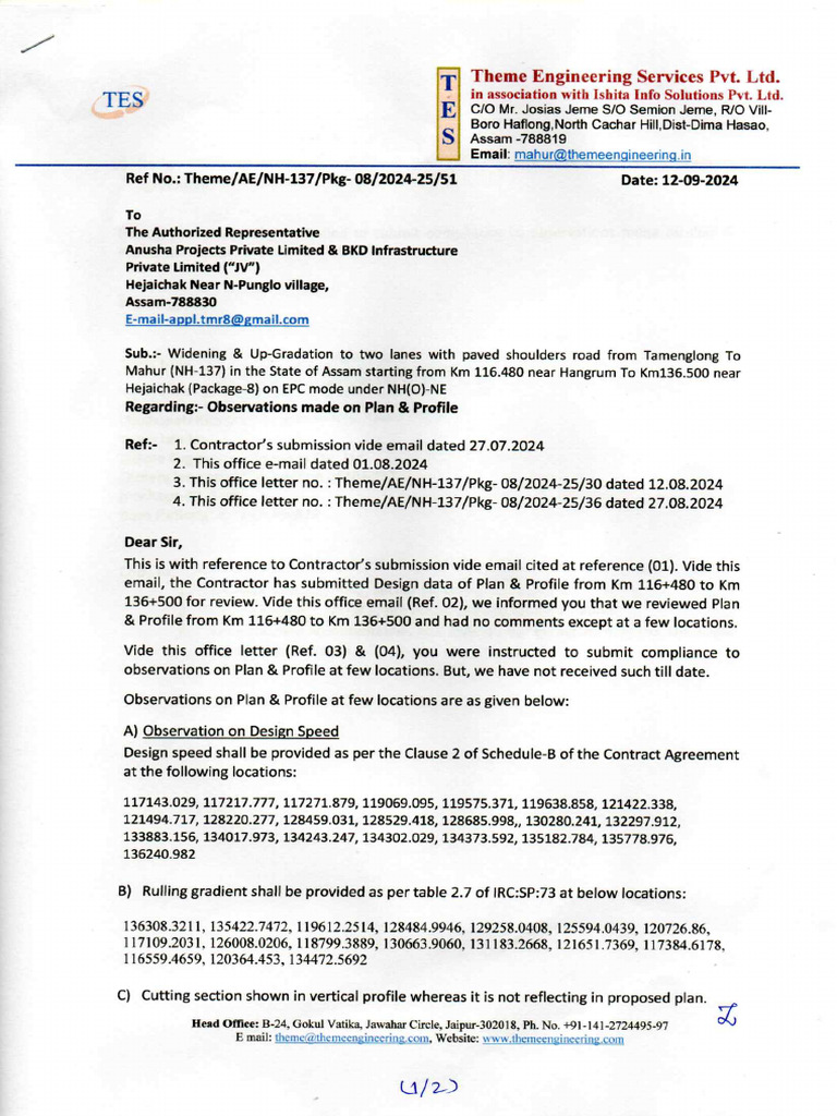 Letter No. 51 Regarding Observation Made On Plan & Profile | PDF