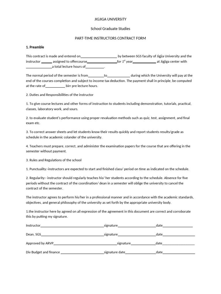Part-Time Instructor Contract Template | PDF