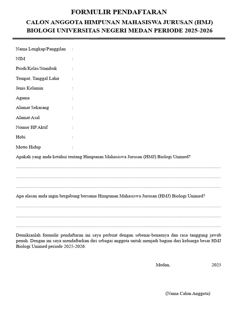 Formulir Pendaftaran Calon Anggota HMJ Biologi 2025-2026 | PDF