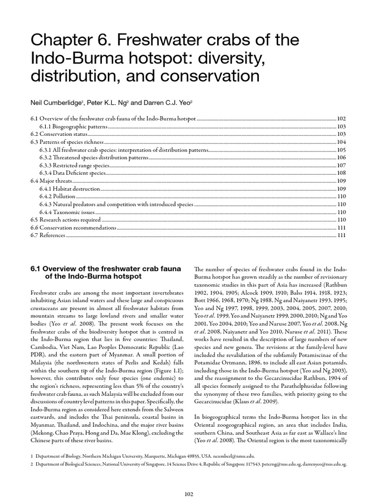 Freshwater Crabs of The Indo Burma Hotspot Diversity Distribution and ...