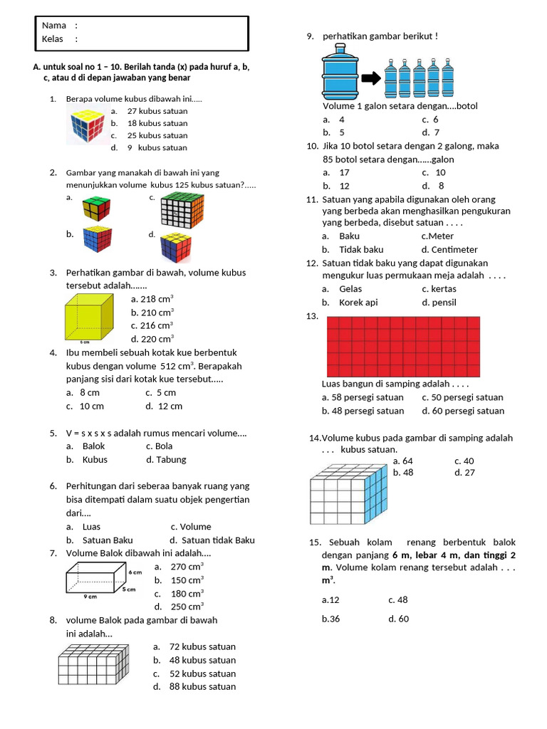 Ulangan Harian MTK Kelas 4 Luas Dan Volume | PDF