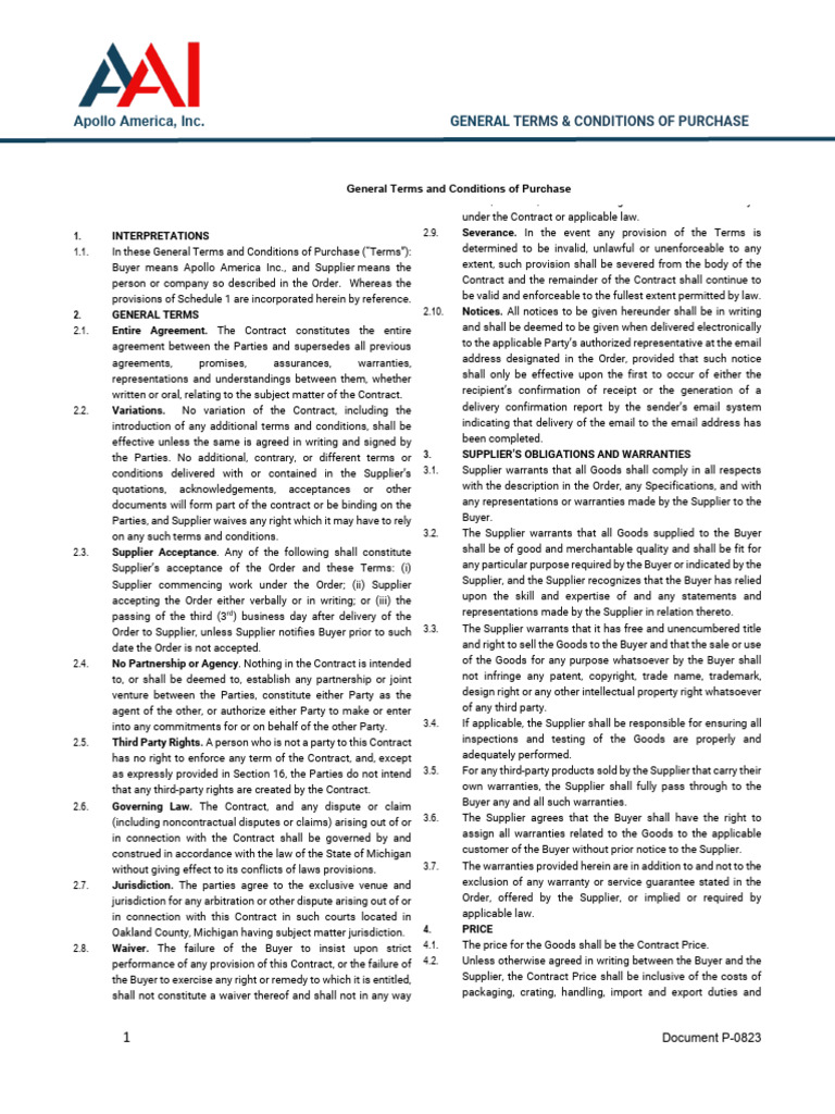 Supplier Terms for Apollo America | PDF | Breach Of Contract | Legal Liability