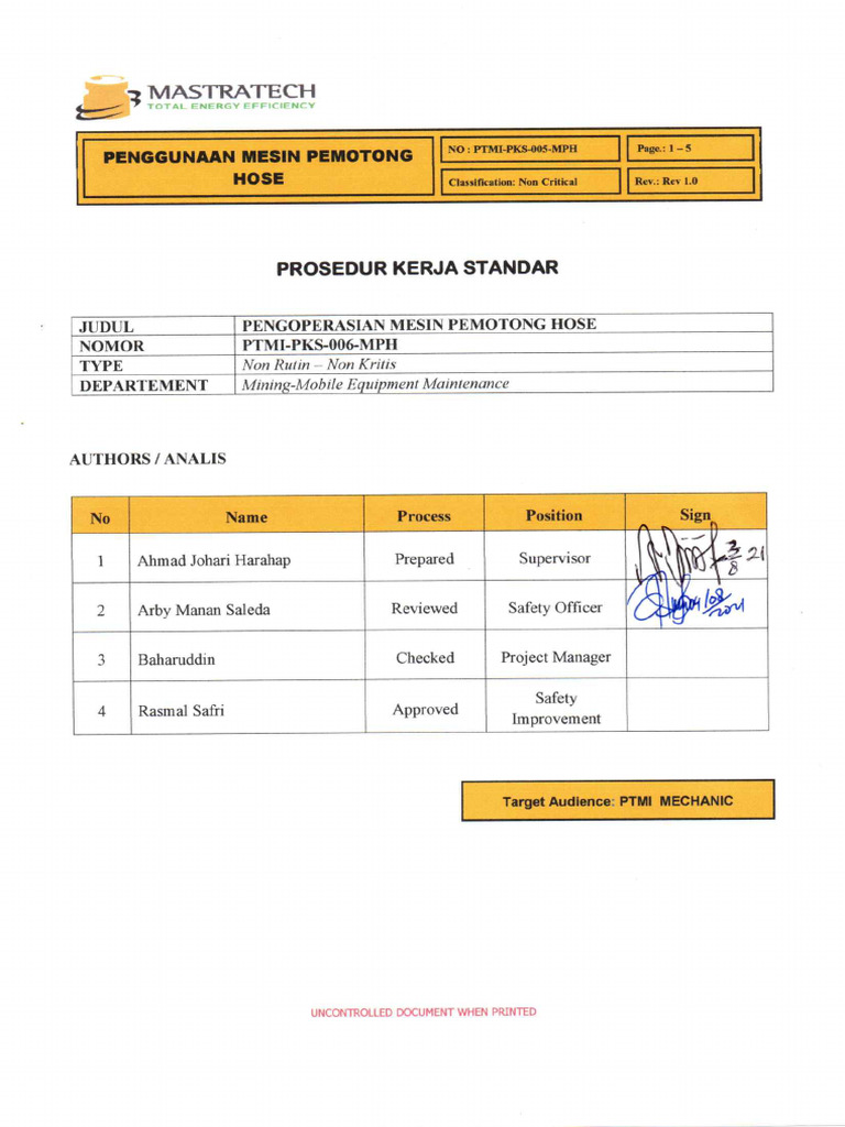 Sop Mesin Pemotong Hose | PDF