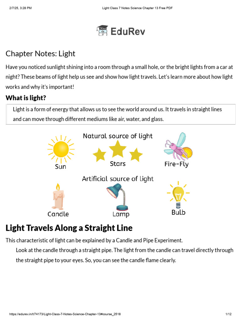 Class 7 Science: Light Chapter Notes | PDF | Mirror | Rainbow