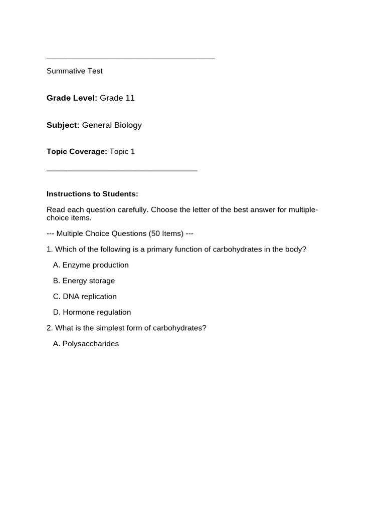 Grade 11 Biology Summative Test | PDF | Dna | Rna