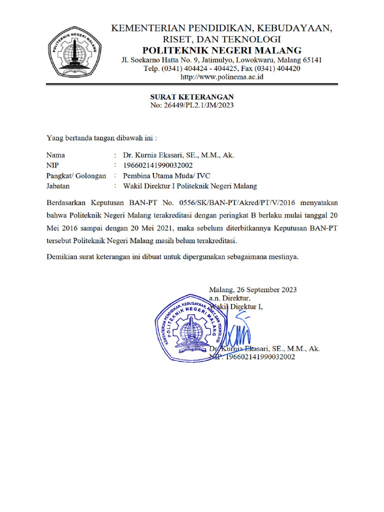 Surat Keterangan - Akreditasi POLINEMA Sebelum 2016 | PDF