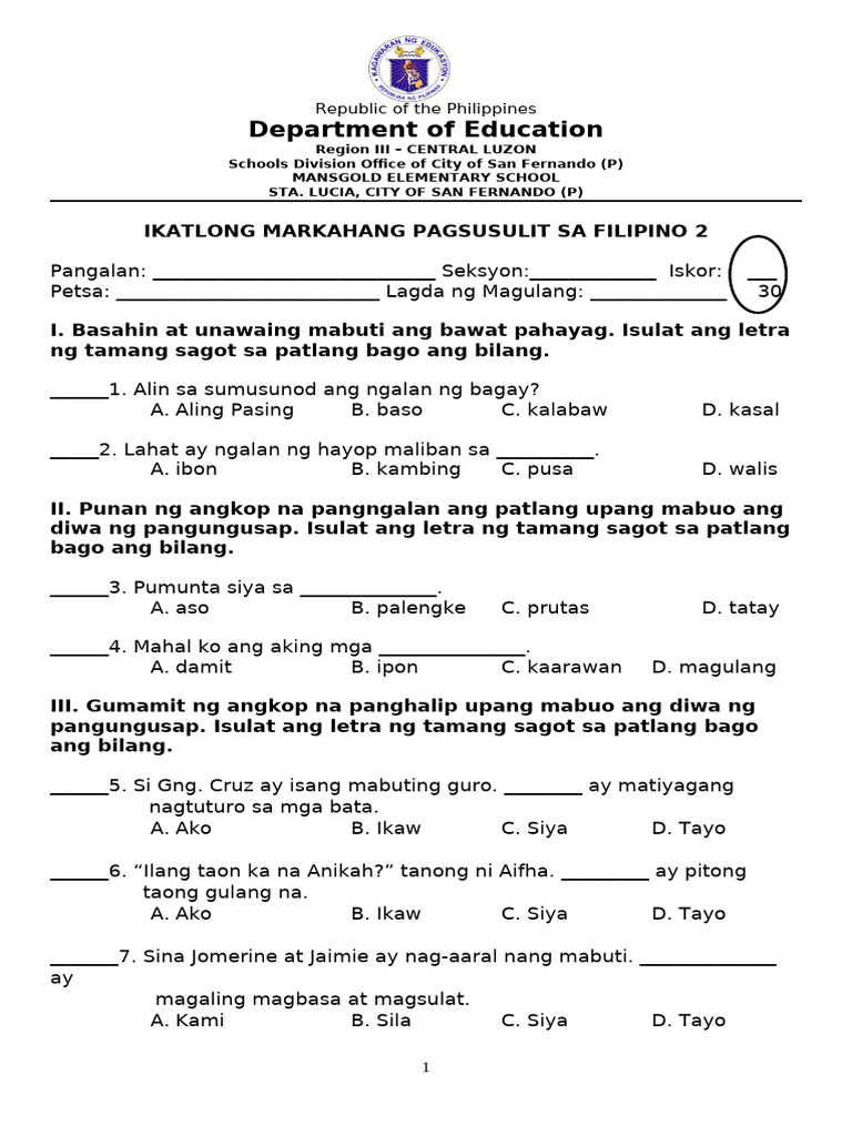 Ikatlong Markahang Pagsusulit Sa Filipino 2 | PDF