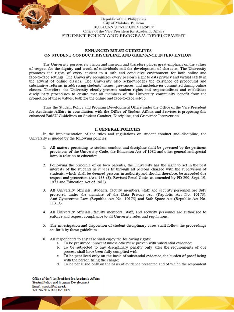 BulSU Student Conduct Guidelines | PDF | Appeal | Student Affairs