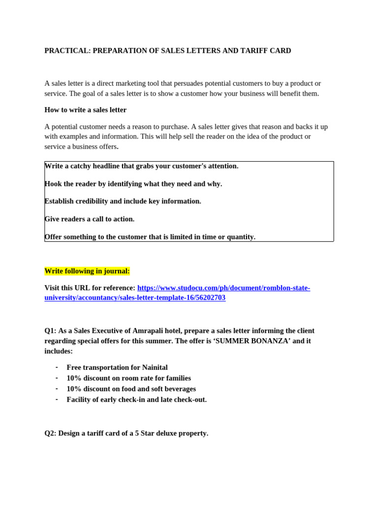 PRACTICAL-3 Sales Letter and Tariff Card | PDF