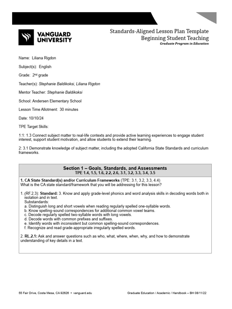 BST Grad Ed Lesson Plan 2024-2025 Actually RIGHT Rough Draft! 2 | PDF | Phonics | Reading ...