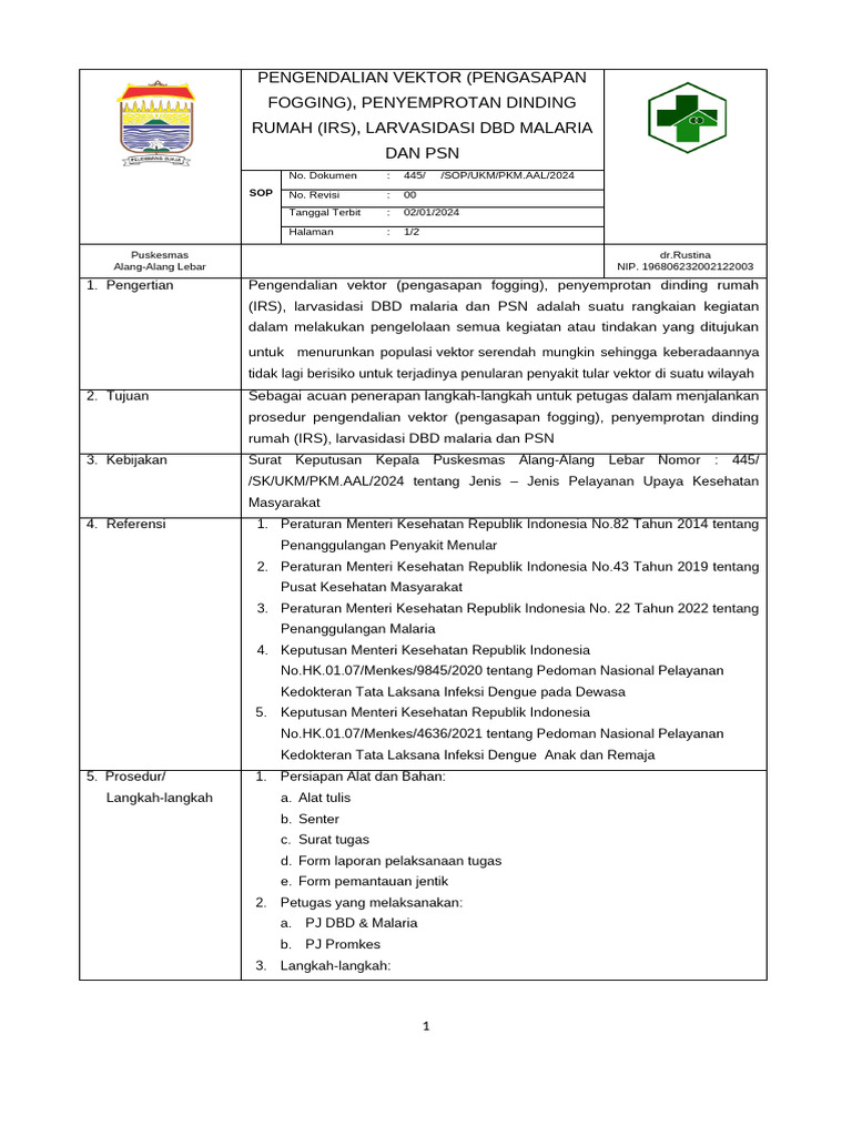 2024 Sop Pengendalian Vektor (Pengasapan Fogging), Penyemprotan Dinding Rumah (Irs), Larvasidasi ...