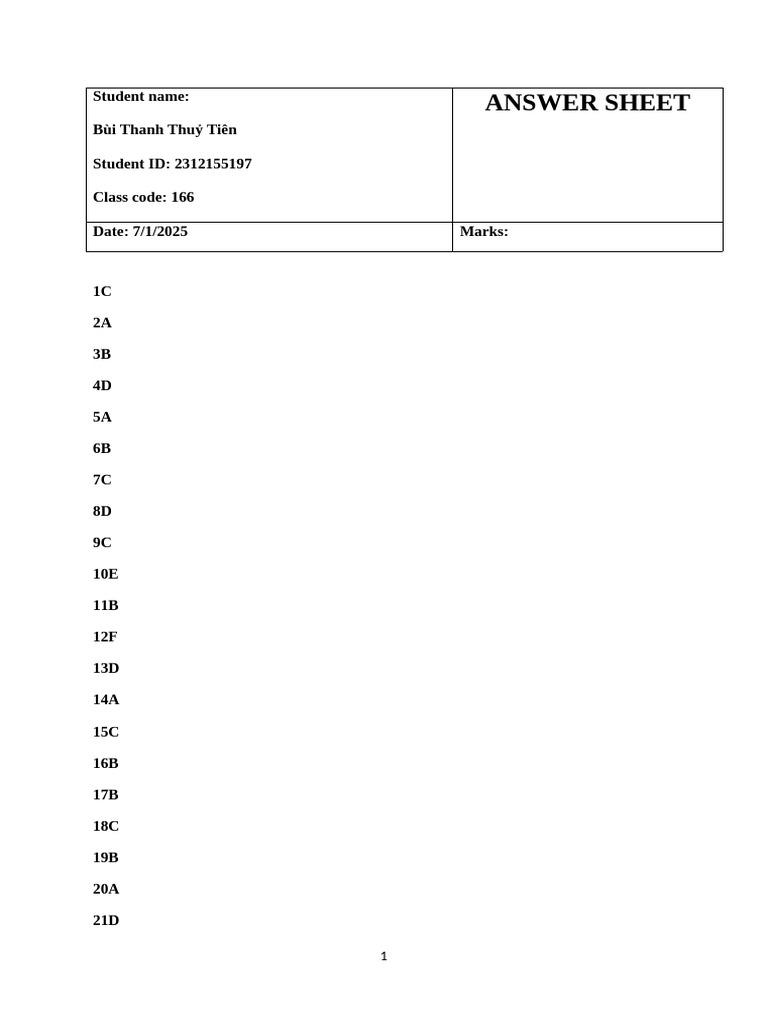 Answer Sheet Updated 25 | PDF