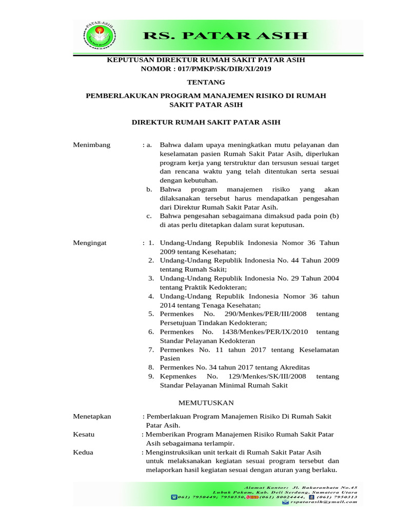 Program Manajemen Risiko RS Patar Asih | PDF