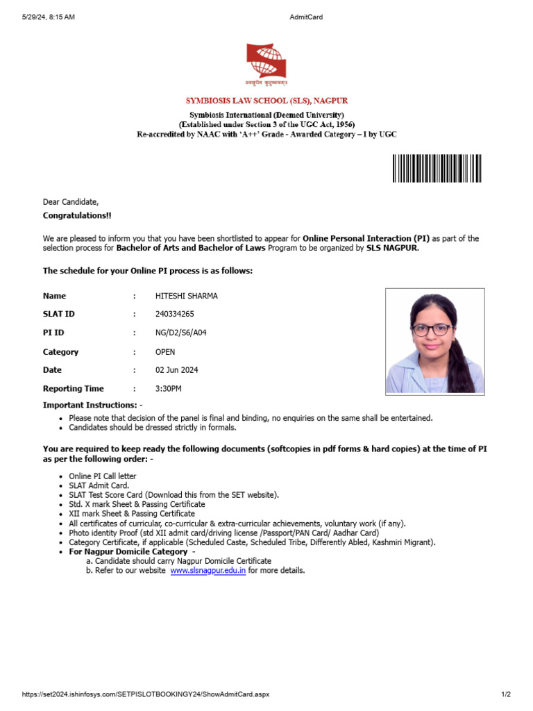 Sls Nagpur Pi Call Letter | PDF