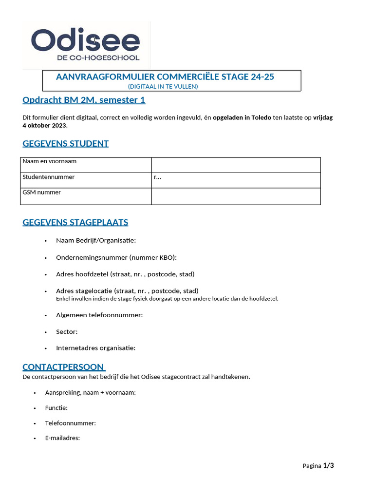Aanvraagformulier Commerciële Stage_[NAAM STUDENT]_BM 2M_semester1_2024 ...