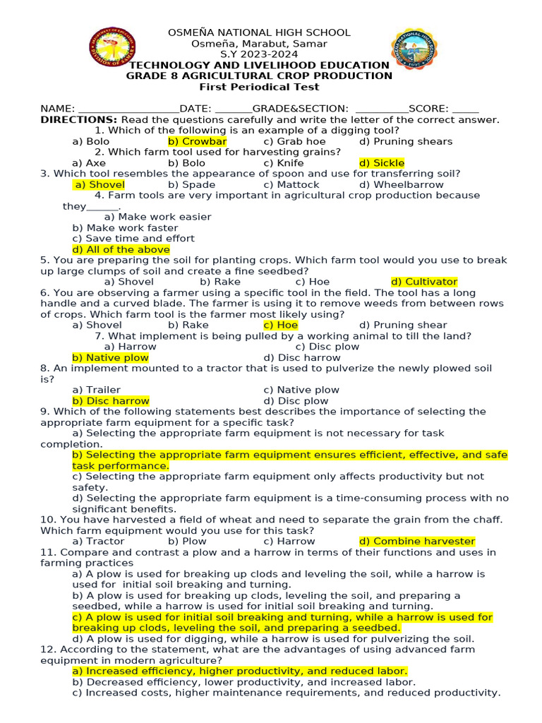 Grade 8 Agricultural Tools Test | PDF | Plough | Agricultural Machinery