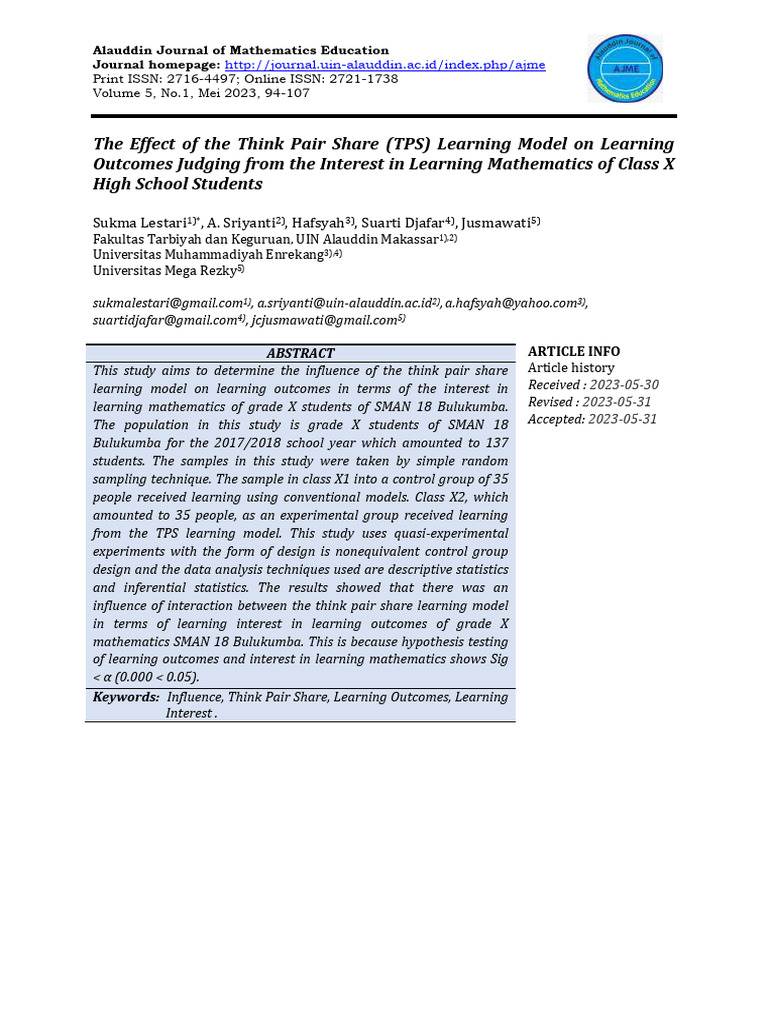 The Effect of the Think Pair Share (TPS) Learning Model on Learning _Outcomes Judging From the ...