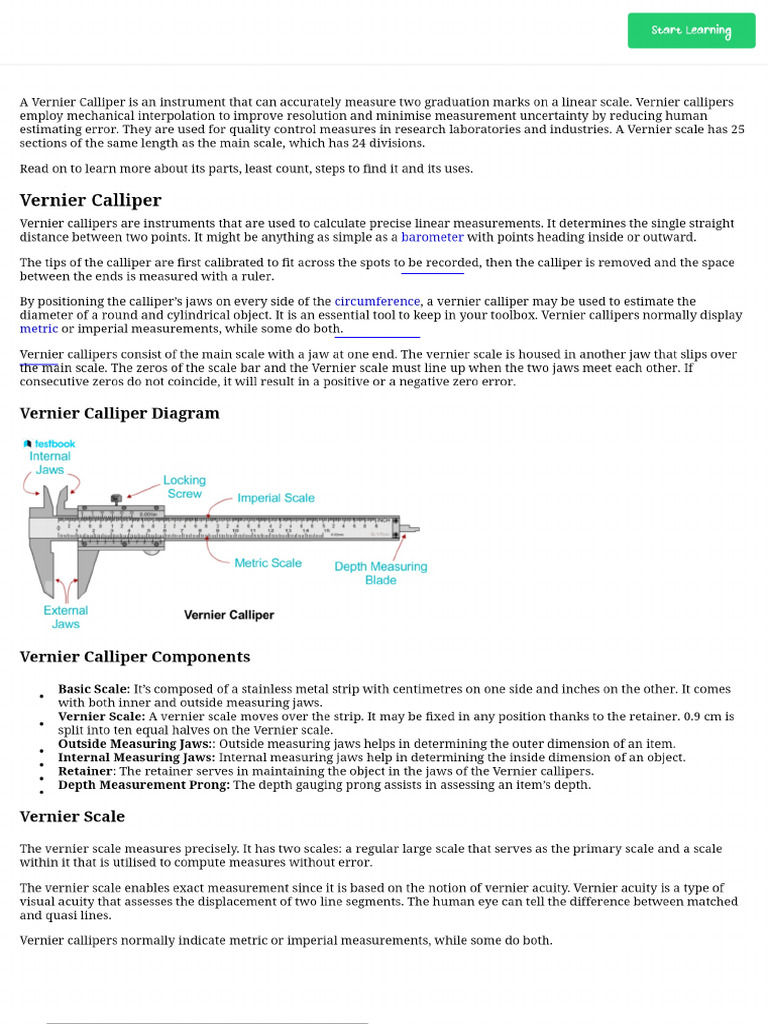 Vernier Calliper - Definition, Diagram, Components, Uses, FAQs | PDF