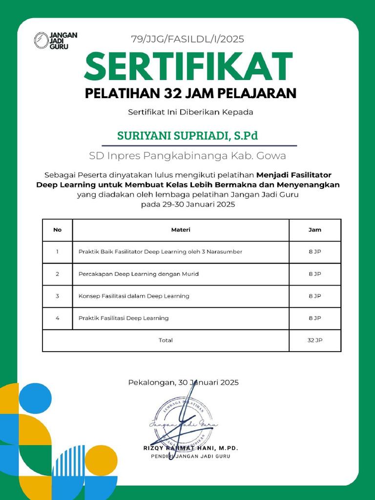 SURIYANI SUPRIADI, S.Pd - Sertifikat Fasilitator Deep Learning | PDF