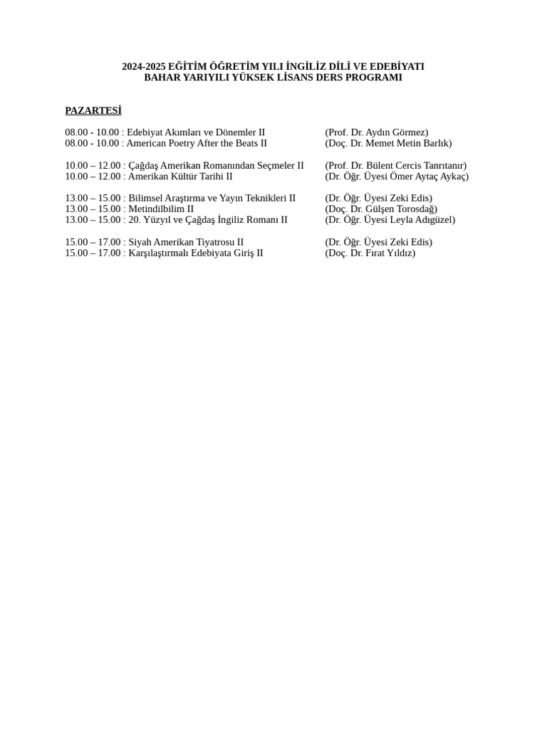 2024-25 Bahar Yüksek Lisans Ders Programı | PDF