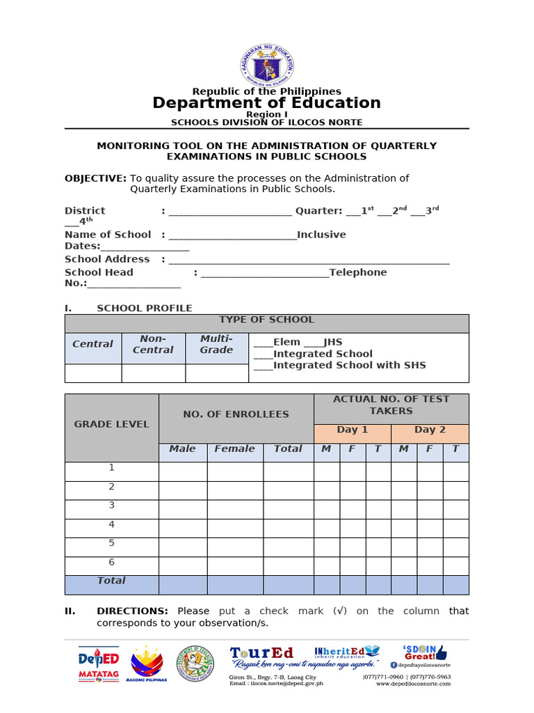 Monitoring Tool for Quarterly Examinations Grade1 6 | PDF