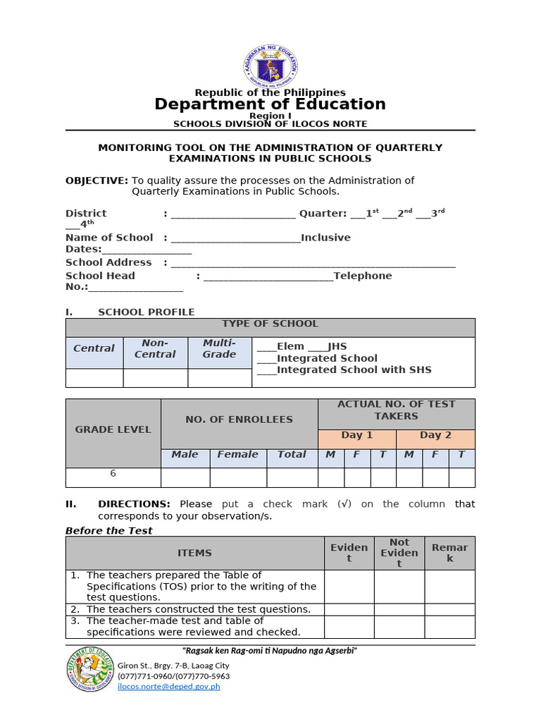 Monitoring Tool for Quarterly Examinations Grade6 | PDF