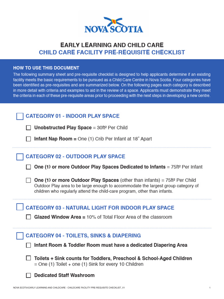 Nova Scotia Child Care Facility Checklist | PDF | Child Care | Preschool