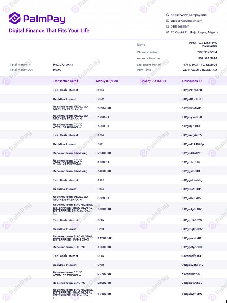 Account Statement: Transaction Detail Money in (NGN) Money Out (NGN ...