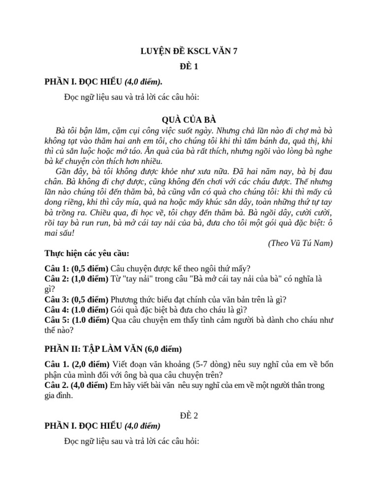 ÔN LUYỆN ĐỀ KSCL VĂN 7 | PDF