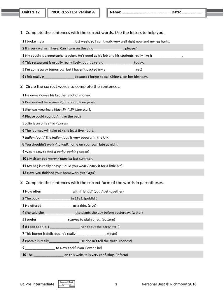 PB AmE B1 Year Test 1-12 Version A | PDF | Sushi