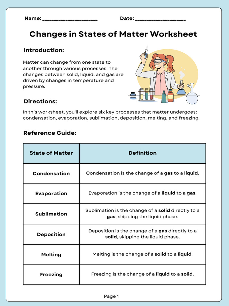 Changes in States of Matter Worksheet | PDF | Ice | Water