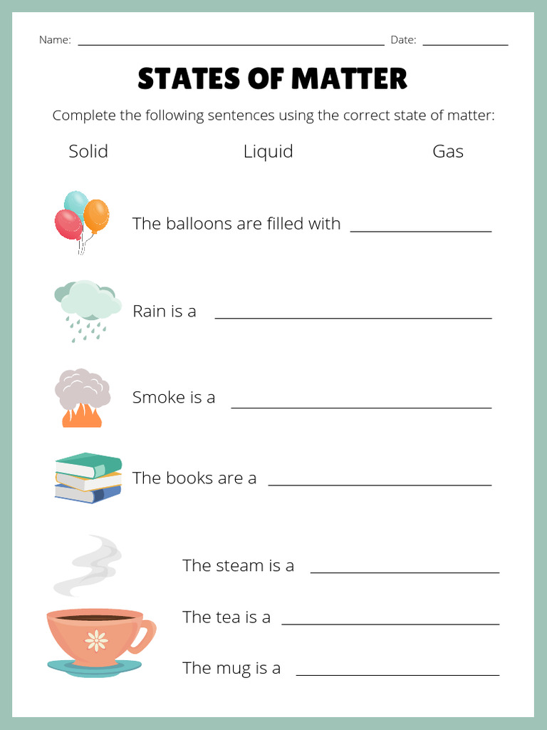 States of Matter Worksheet for Grade 7 | PDF