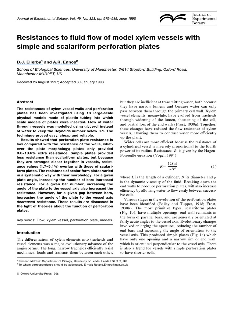 Resistances To Fluid Flow of Model Xylem | PDF | Reynolds Number ...