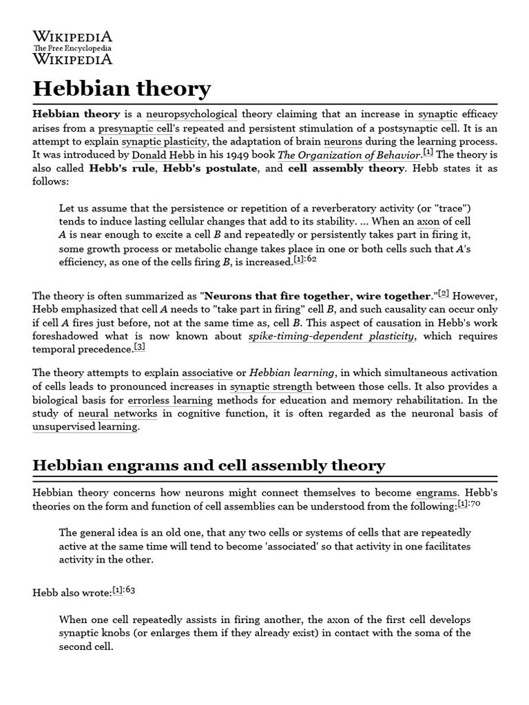 Hebbian theory - Wikipedia | PDF | Cognitive Science | Neuroplasticity