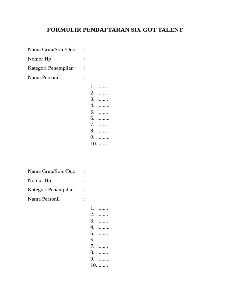 Formulir Pendaftaran Six Got Talent | PDF