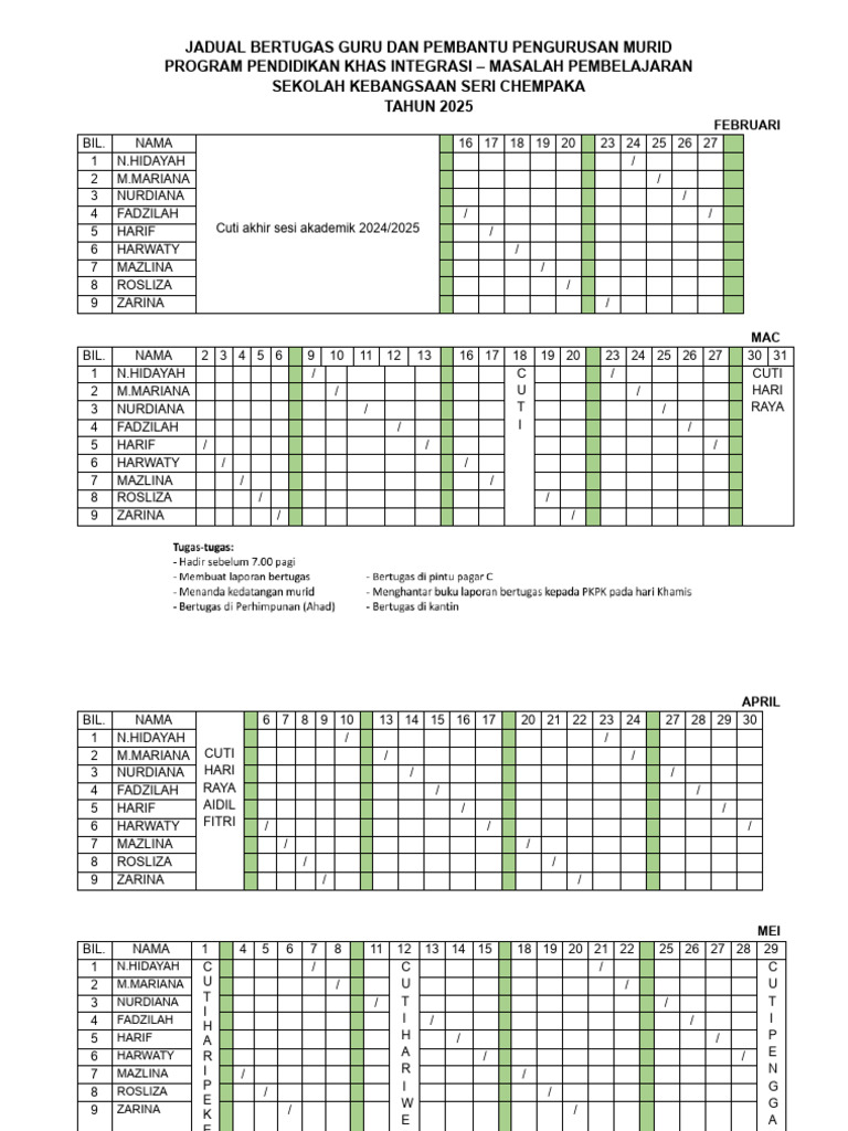 Jadual Cuti Guru Pendidikan Khas 2025 | PDF