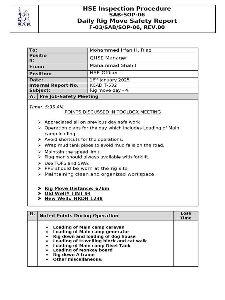 Daily Rig Move Safety Report Summary | PDF