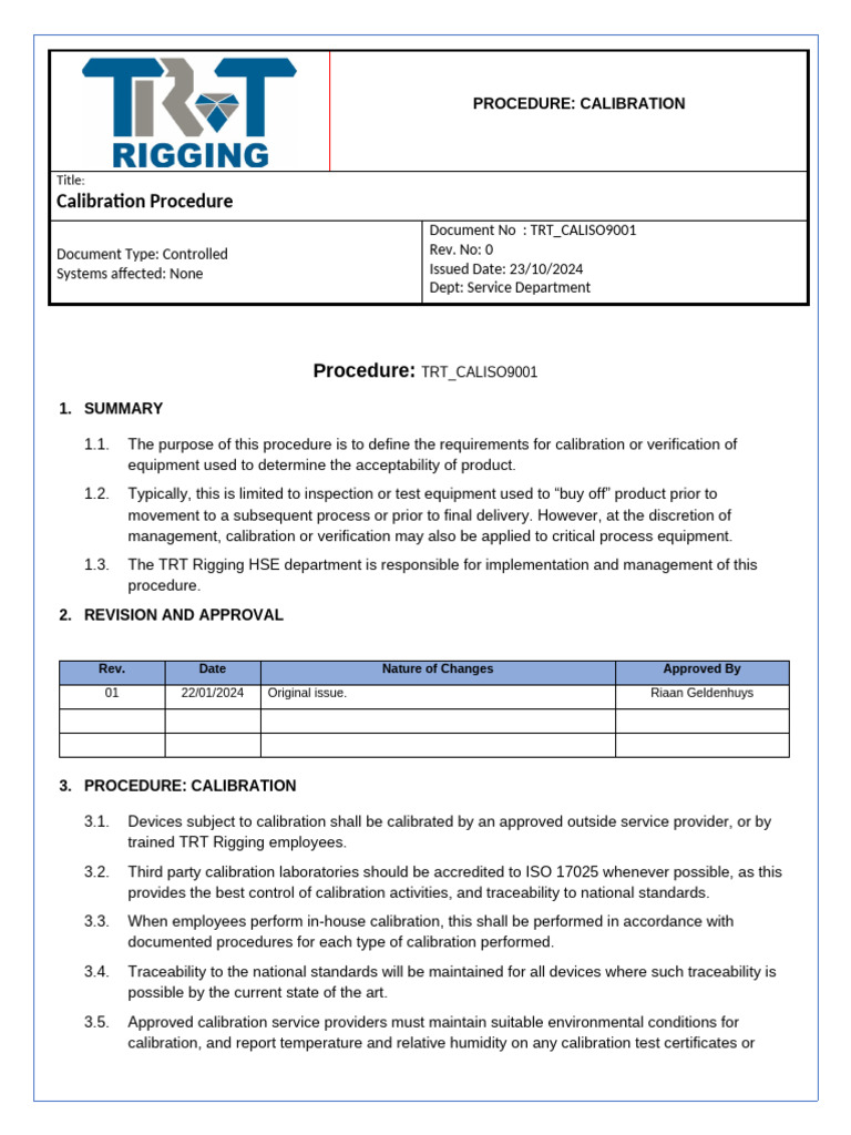 Lifting and Rigging Procedure | PDF | Calibration | Verification And Validation