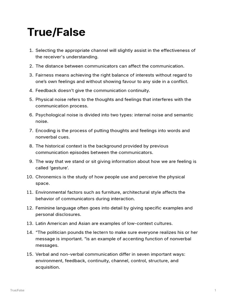 True False | PDF | Communication | Nonverbal Communication