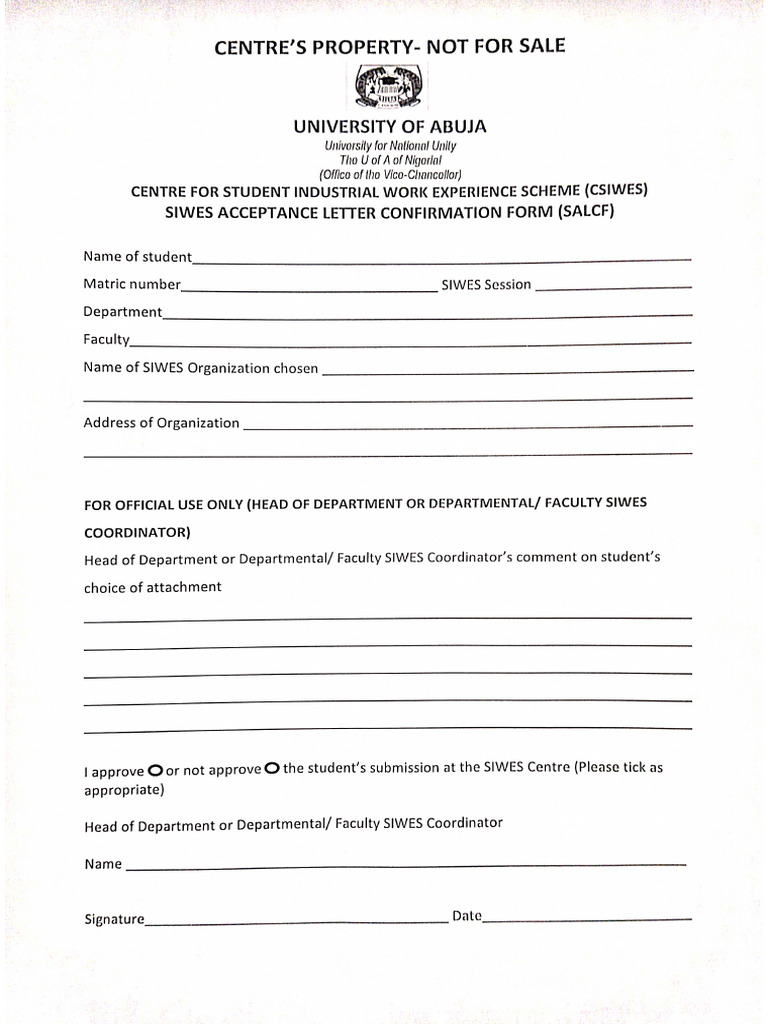 SIWES Acceptance Letter Confirmation Form (SALCF) | PDF