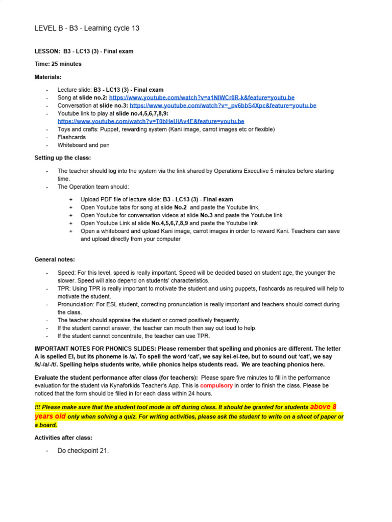 B3 Level Final Exam Lesson Plan | PDF | Phonics