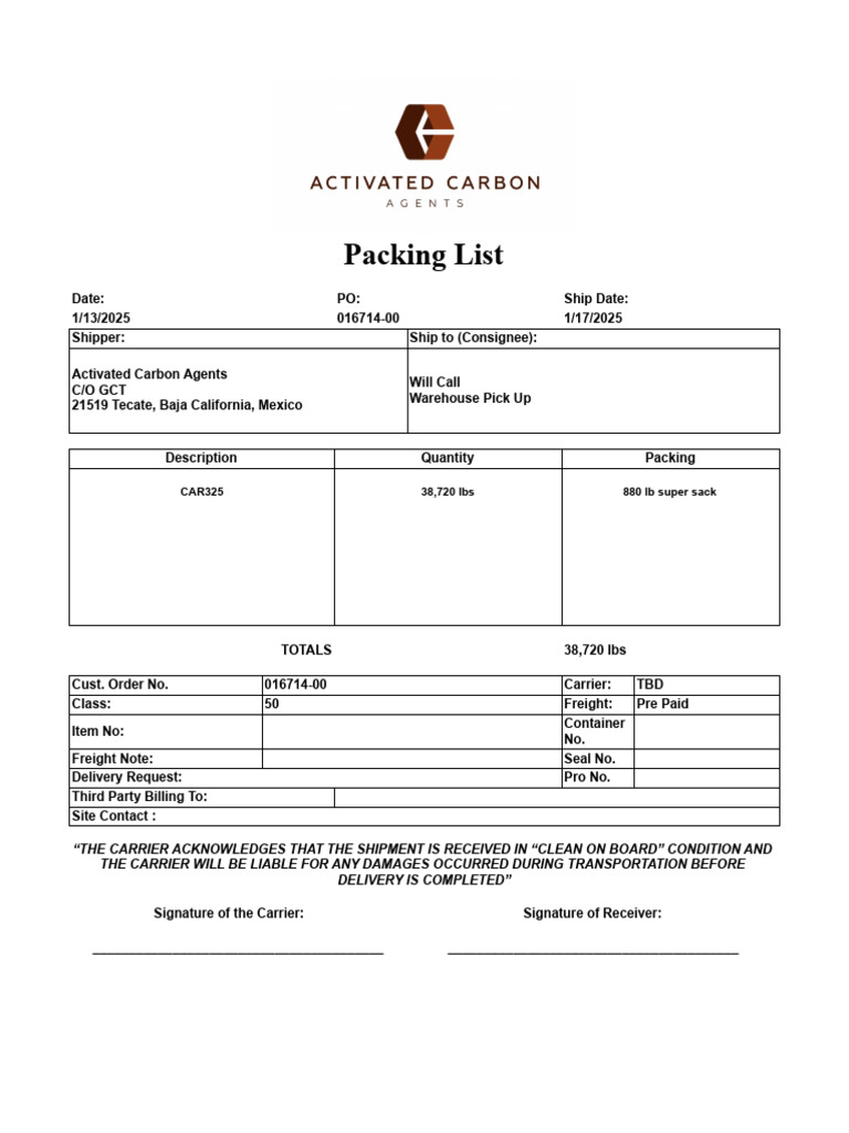 Packing List for PO 016714-00 - BOL_Packing List (1) | PDF