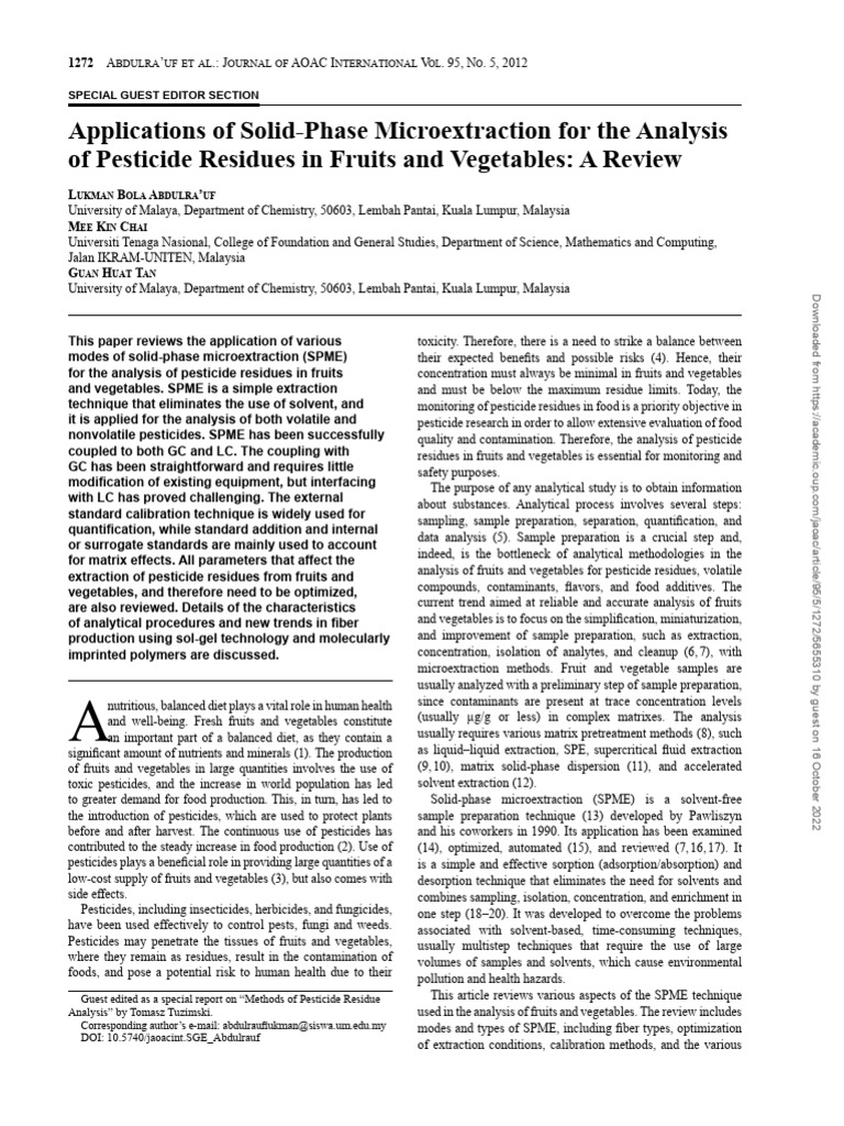 Applications of Solid Phase Microextraction For The Analysis of Pesticide Residues in Fruits and ...