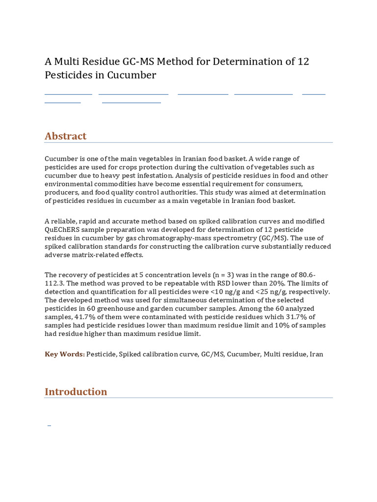 A Multi Residue GC-MS Method For Determination of 12 Pesticides in Cucumber | PDF | Detection ...