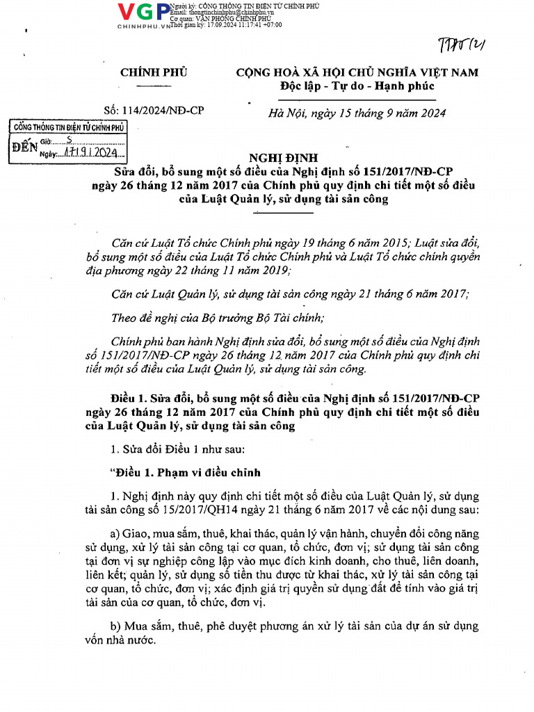 ND 114 - 2024 - ND - CP - Sua Doi ND 151 Quan Ly Tai San Cong 15.9.2024 | PDF