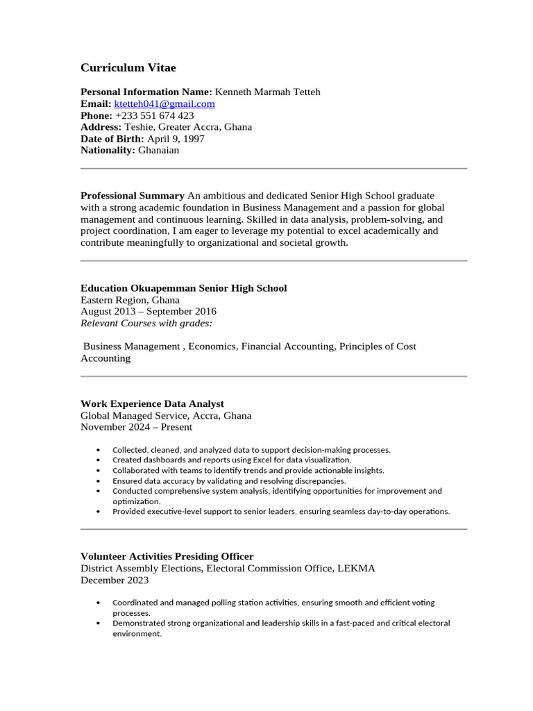 KENNETH TETTEH RESUME | PDF | Data Analysis | Data