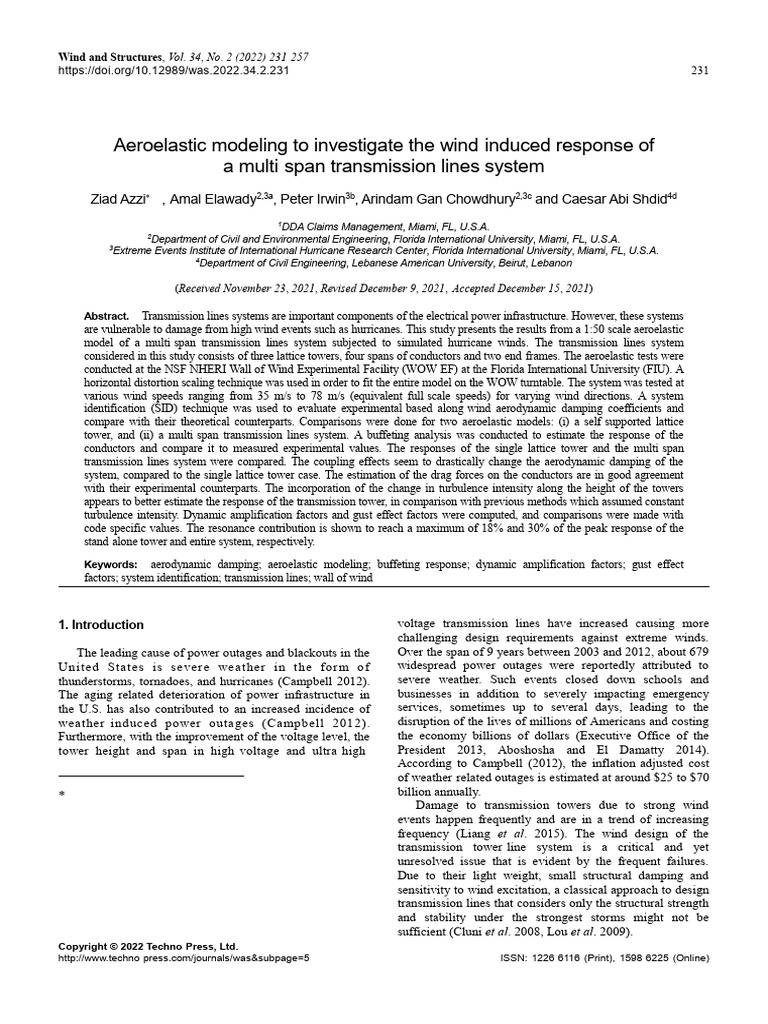 Aeroelastic Modeling To Investigate The Wind-Induced Response of A Multi-Span Transmission Lines ...