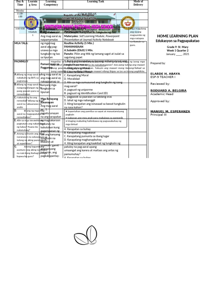 Home Learning Plan | PDF