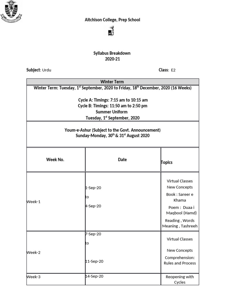 E2 Urdu Syllabus Breakdown 2020-21.docx_0 | PDF