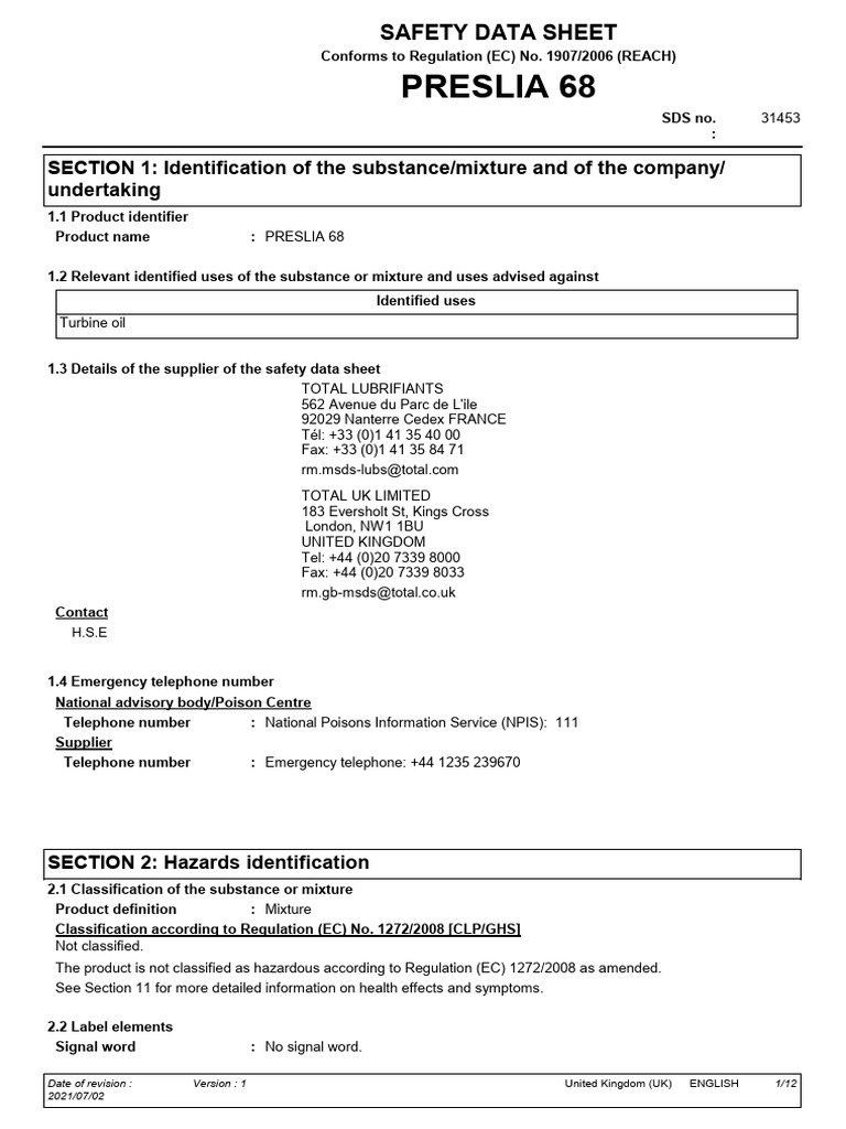 Preslia 68 Safety Data Sheet | PDF | Waste | Firefighter